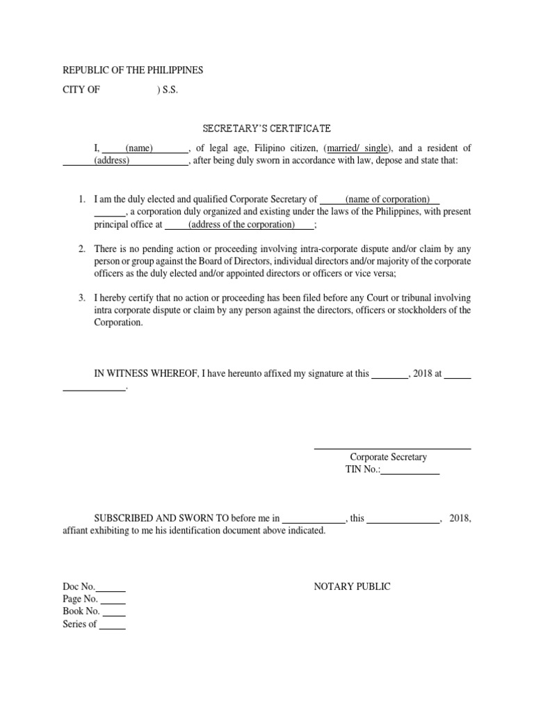 Sec Cert of No Intra Corp Dispute | PDF