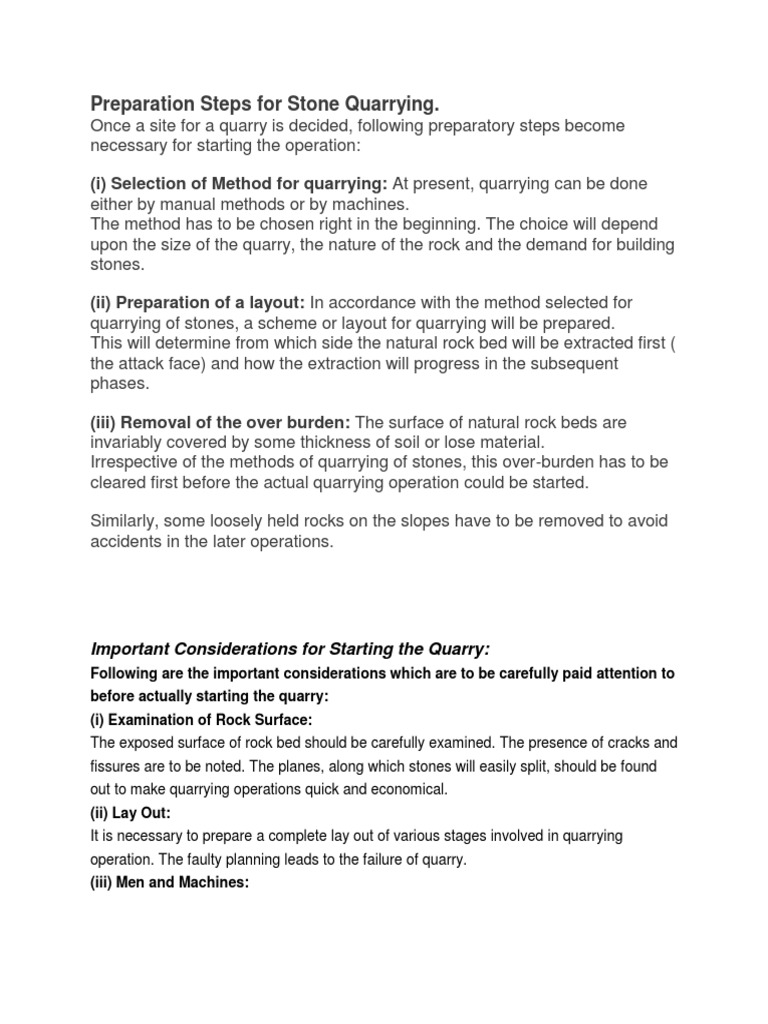 Preparation Steps For Stone Quarrying | PDF