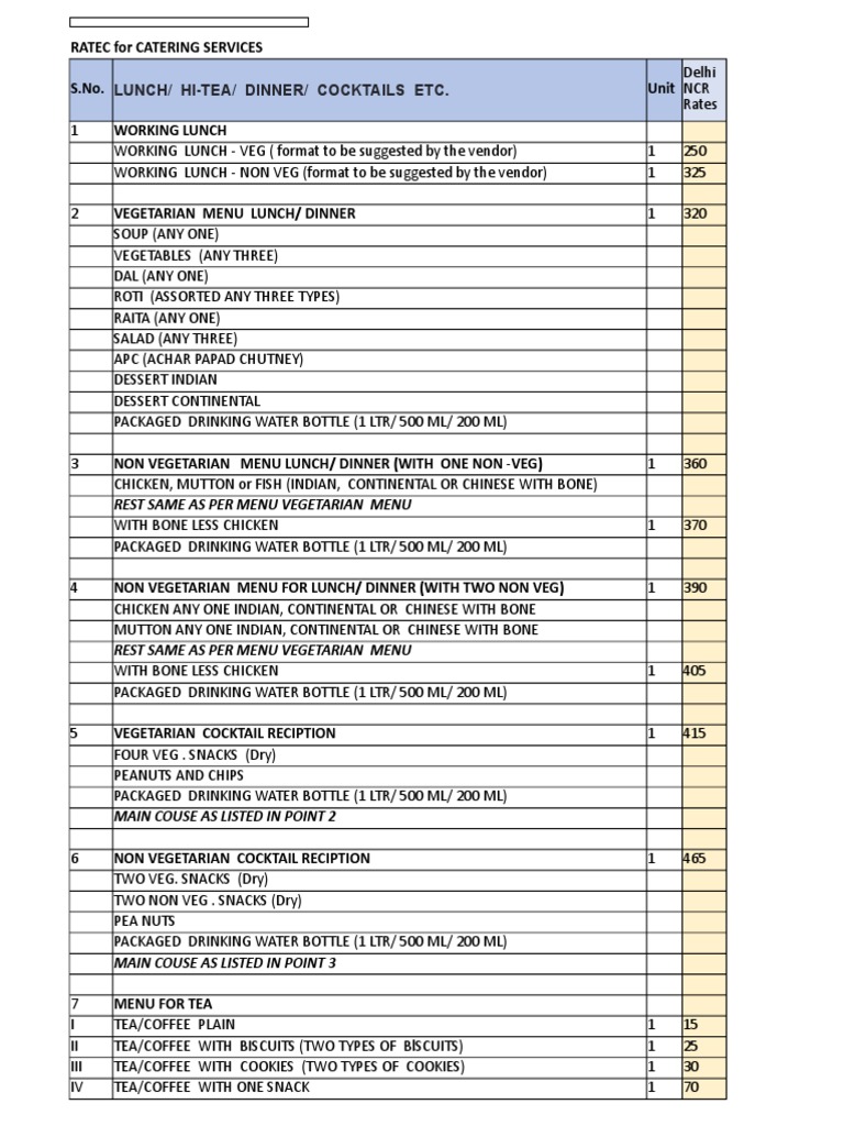 Catering Service Menu Rates | PDF | Lunch | Food And Drink