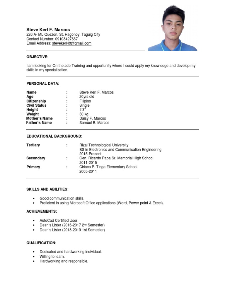 Electronics Engineering OJT Resume | PDF | Computing | Communication