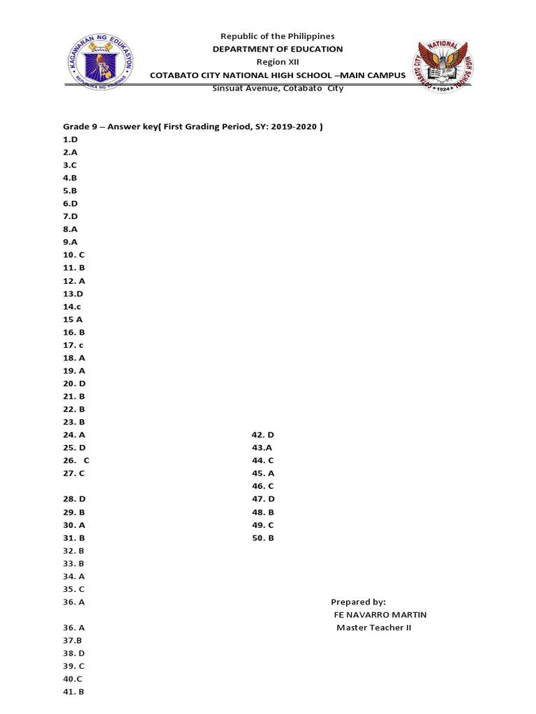 Grade 9 Exam Answer Key 2019-2020 | PDF