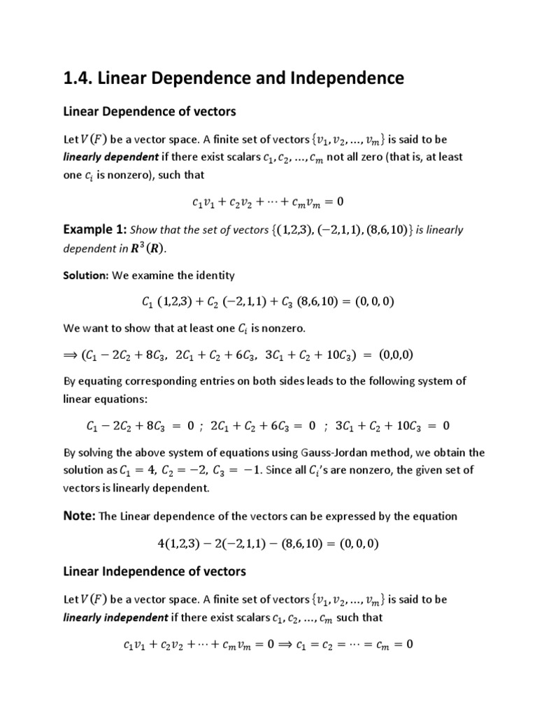 1.4. Linear Dependence and Independence-1 PDF | PDF | Vector Space | Linear Algebra