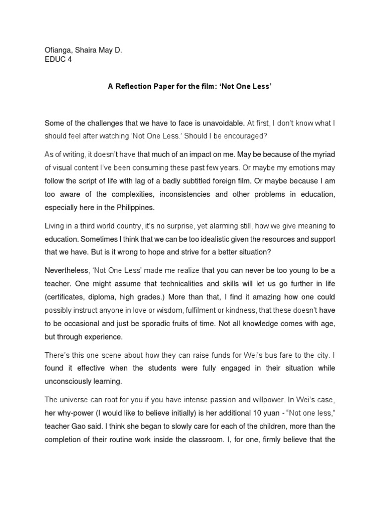 Reflection on 'Not One Less' Film | PDF