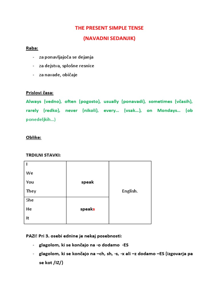 THE PRESENT SIMPLE TENSE - Pravila | PDF