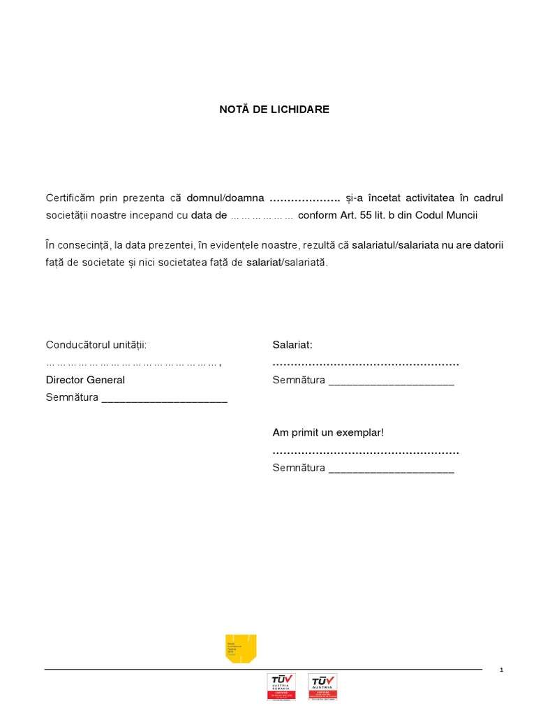 Nota Lichidare | PDF