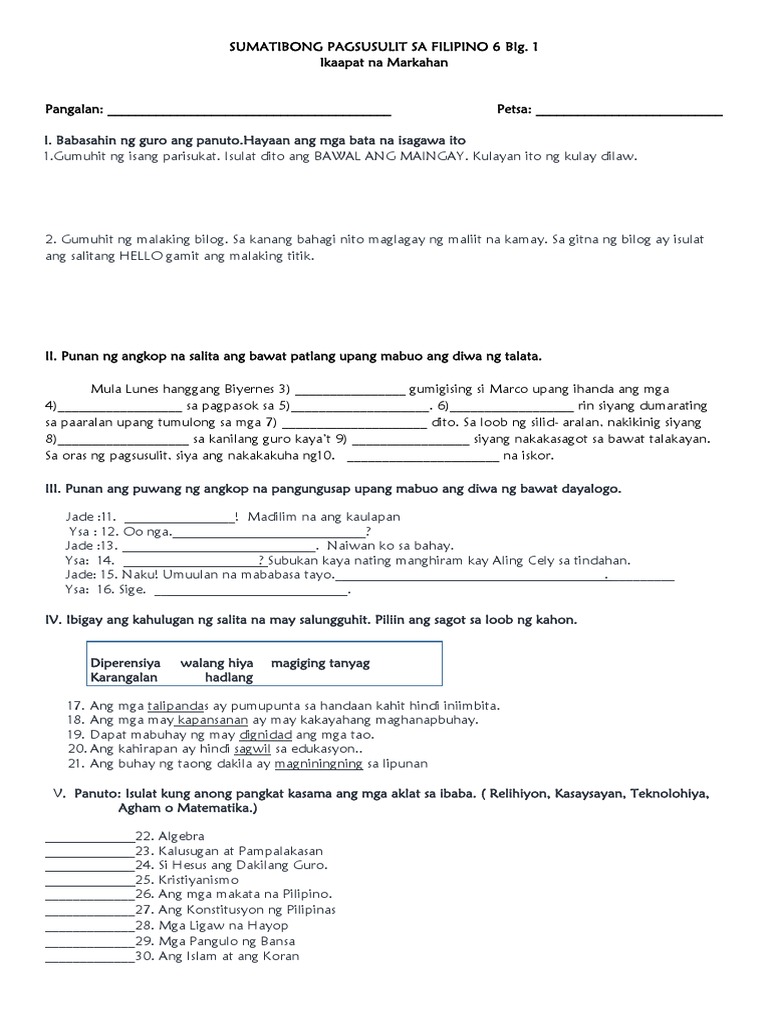 SUMATIBONG PAGSUSULIT SA FILIPINO 6 BLG | PDF