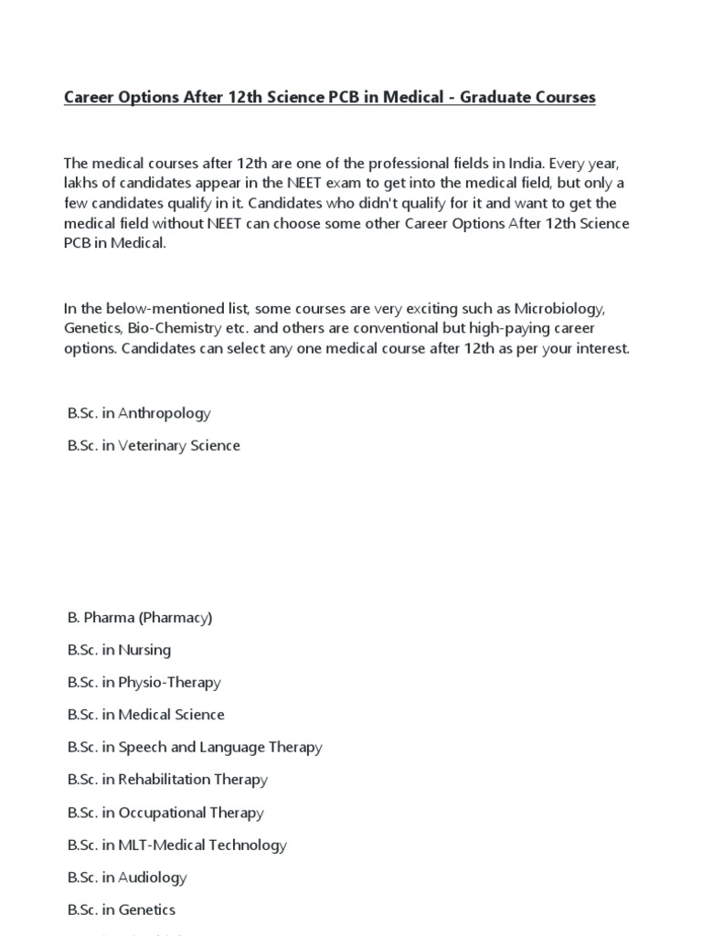 Career Options After 12th Science PCB in Medical | PDF | Bachelor Of ...