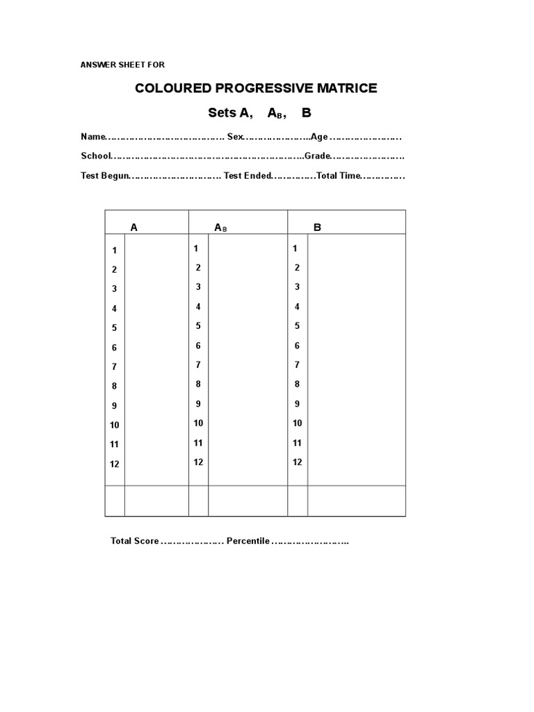 Raven S Progressive Matrice Answer Sheet | PDF