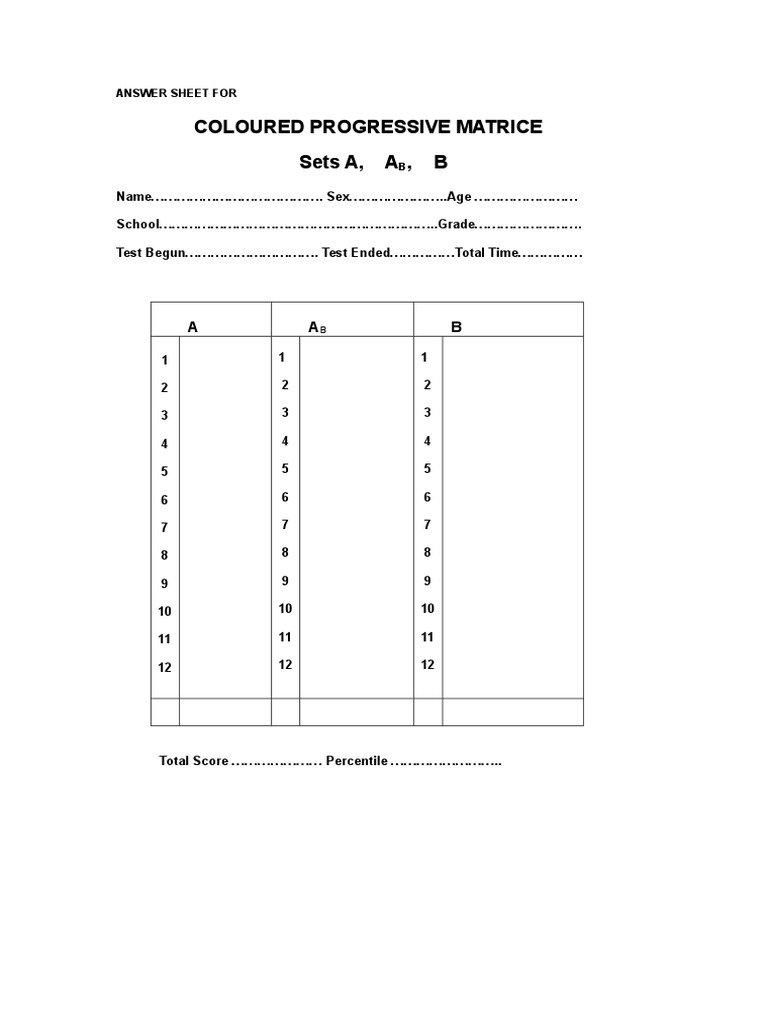 Coloured Progressive Matrices Answer Sheet | PDF