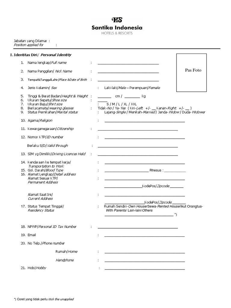 Formulir Lamaran Kerja Santika | PDF