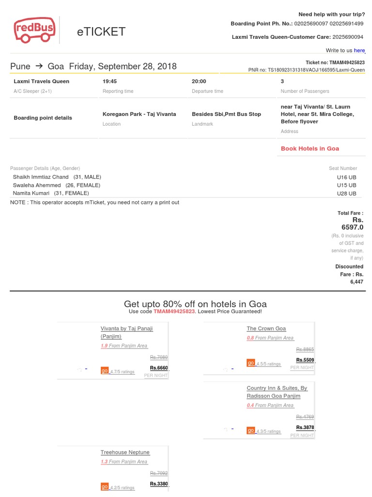 Redbus - Ticket - TMAM49425823 - Pune To Goa | PDF | Ticket (Admission ...