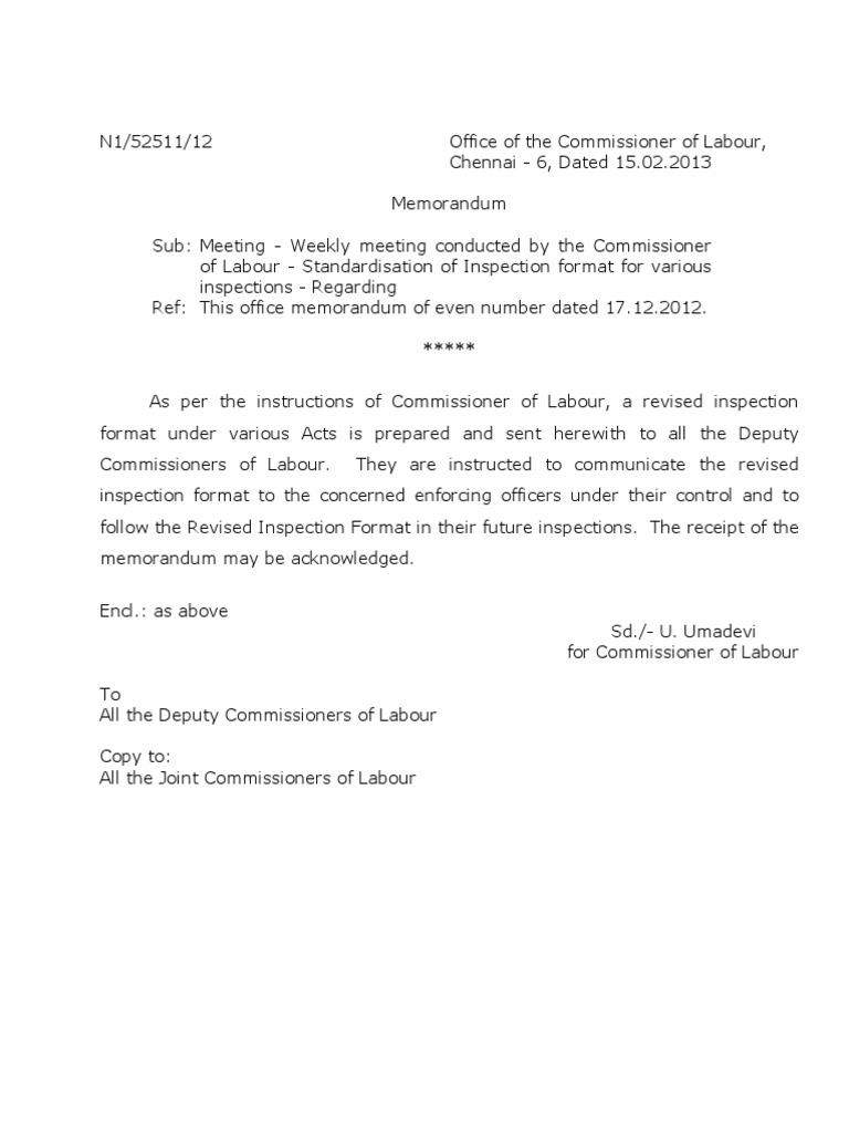 Inspection Procedure - Inspection Forms Under Various Labour Acts | PDF ...