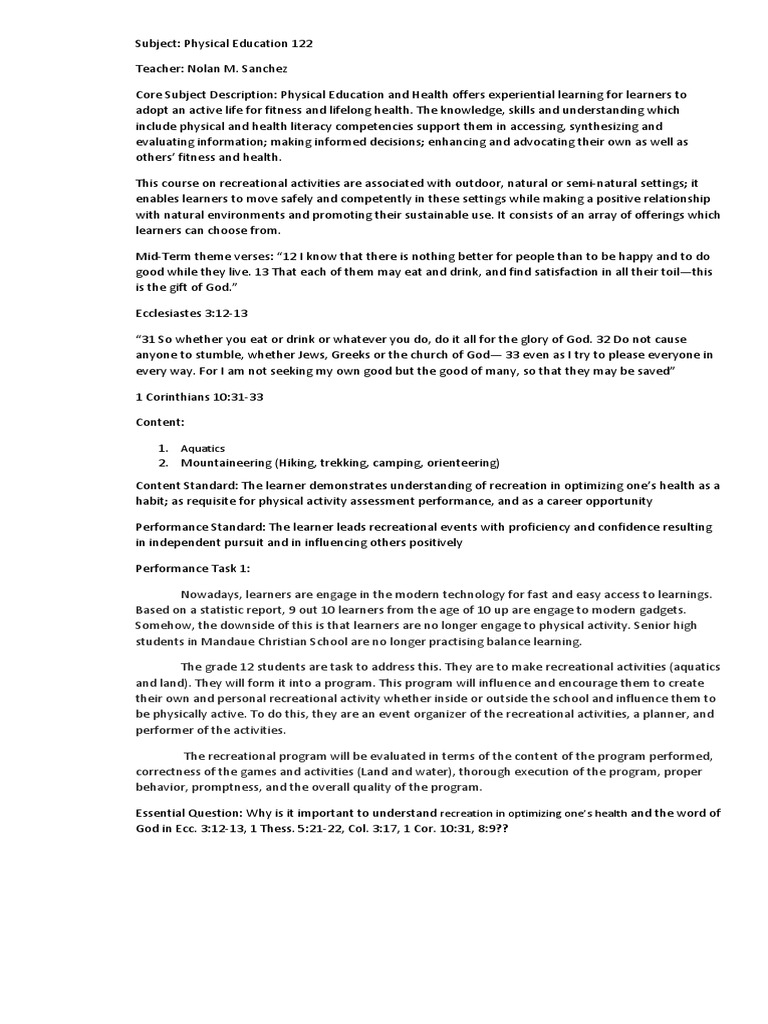 Lesson 1. Recreational Activities. | PDF | Flexibility (Anatomy) | Learning