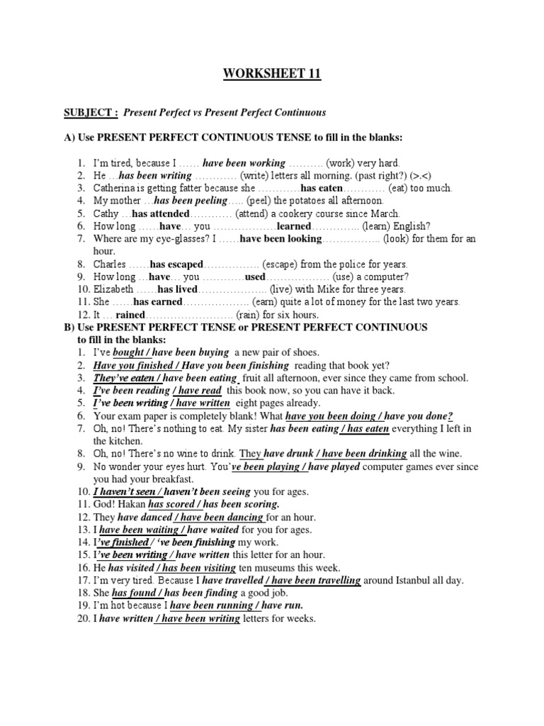 Present Perfect vs Continuous Worksheet | PDF | Grammar | Language ...