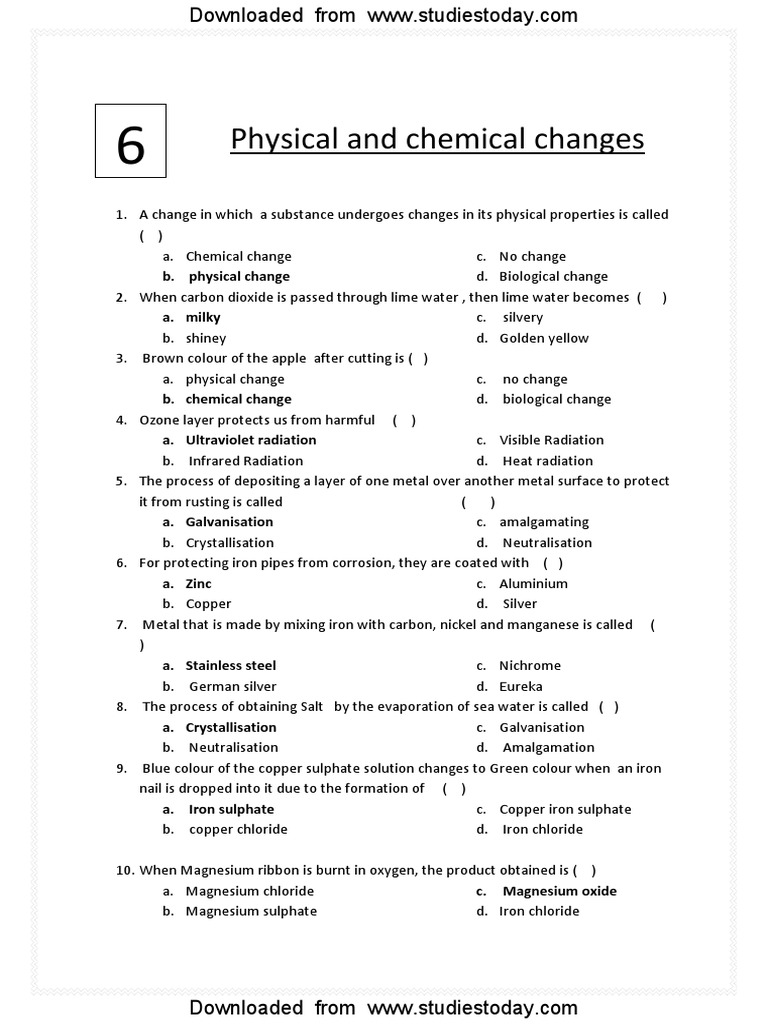 CBSE Class 7 Science MCQs-Physical and Chemical Changes | PDF ...