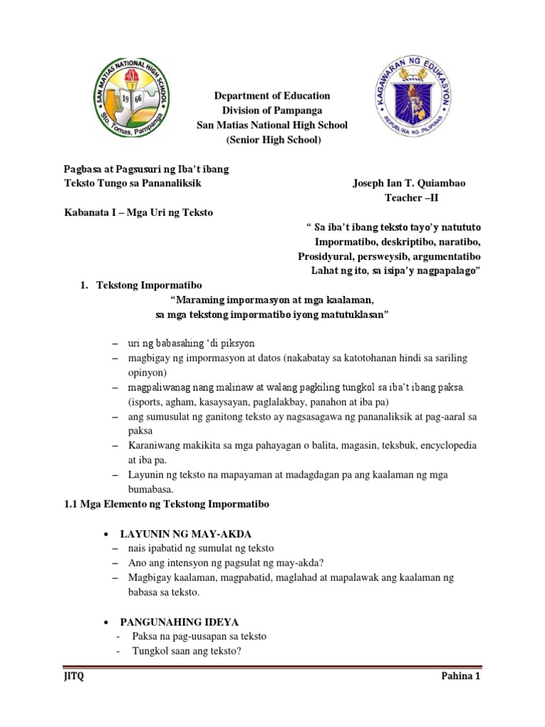 Hand Outs in Pagbasa at Pagsusuri | PDF