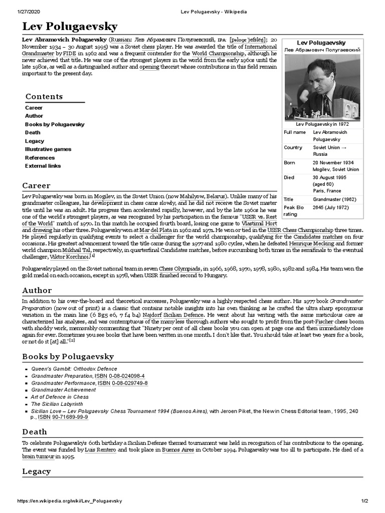 Lev Polugaevsky - Wikipedia | PDF | Chess Openings | Board Games ...