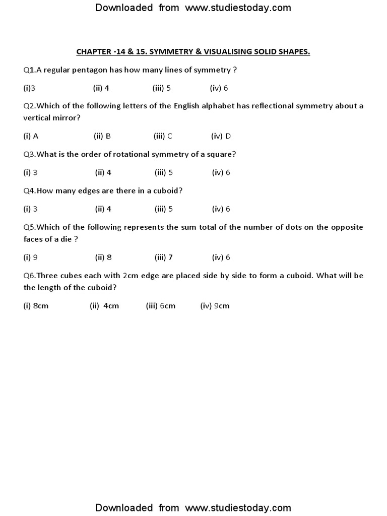 CBSE Class VII Maths MCQs-Symmetry and Visualising Solid Shapes | PDF