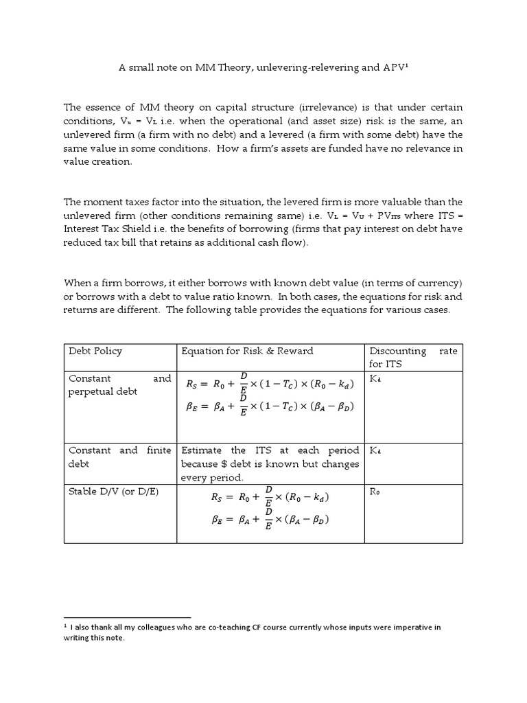 A Small Note On MM Theory and APV | PDF | Interest | Cost Of Capital