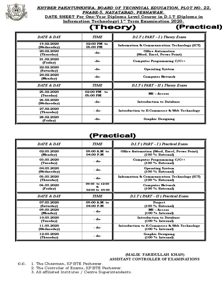 DIT 1st Semester Exam Date Sheet 2020 | PDF | Computing | Digital ...