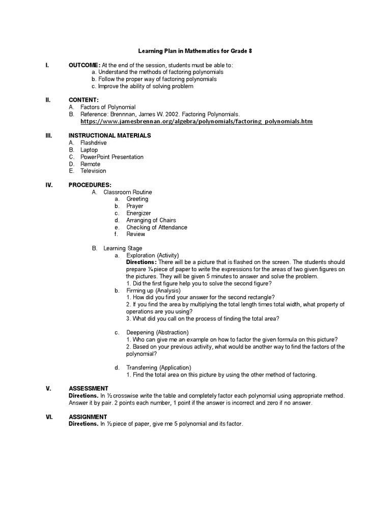 Learning Plan in Mathematics For Grade 8 | PDF | Learning | Teaching