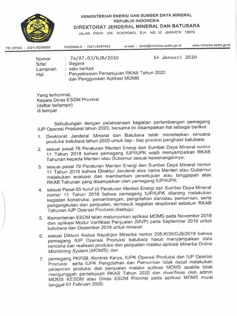 Surat Dirjen Terkait Persetujuan RKAB Dan Penggunaan Aplikasi MOMS | PDF