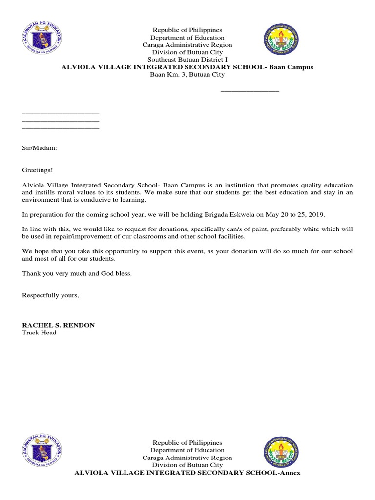 Solicitation Letter - Brigada Eskwela | PDF | Classroom | Schools