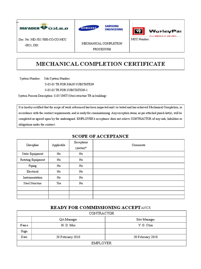 MD-502-7000-CO-CO-MCC-0021 - D01 - Mechnical Completion Certificate (S ...