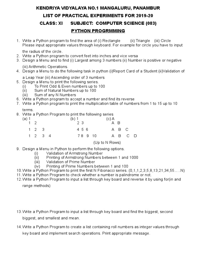 XI CS Experiment List CS 2019 Python | PDF | Python (Programming ...