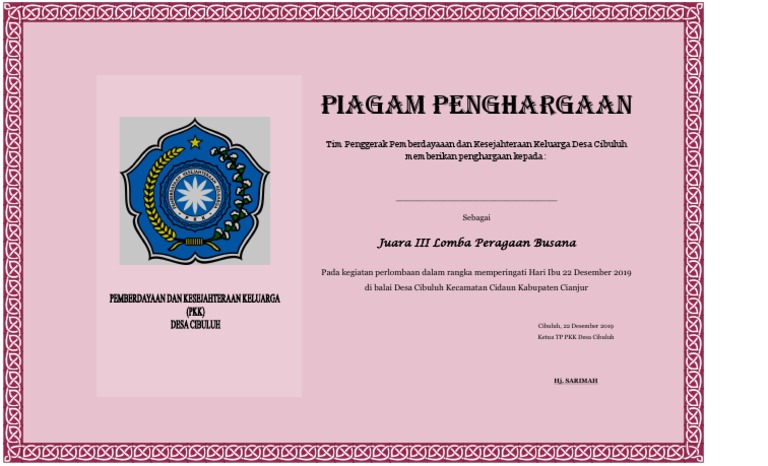 Piagam PKK Hari Ibu PDF | PDF