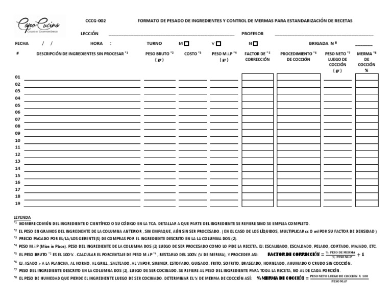 FORMA CCCG-002 - FORMATO DE PESADO DE INGREDIENTES Y CONTROL DE MERMAS ... FORMA CCCG-002 - FORMATO DE PESADO DE INGREDIENTES Y CONTROL DE MERMAS ...