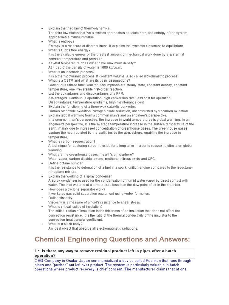 Chemical Engineering Questions and Answers