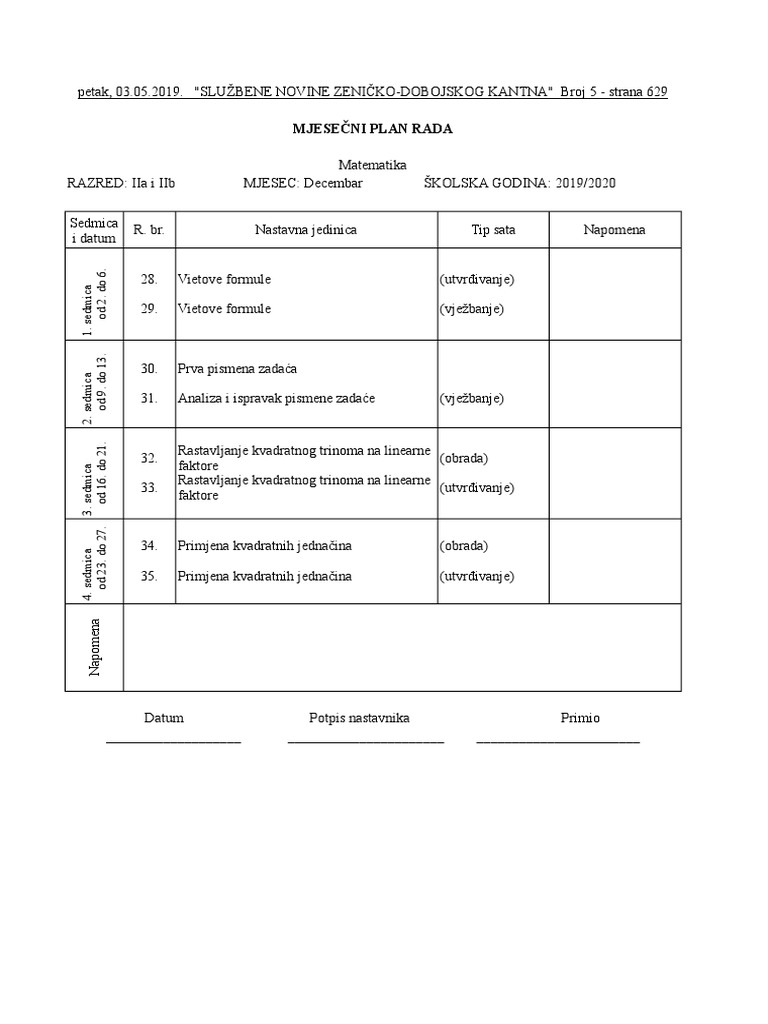 Decembar Mjesecni Plan | PDF