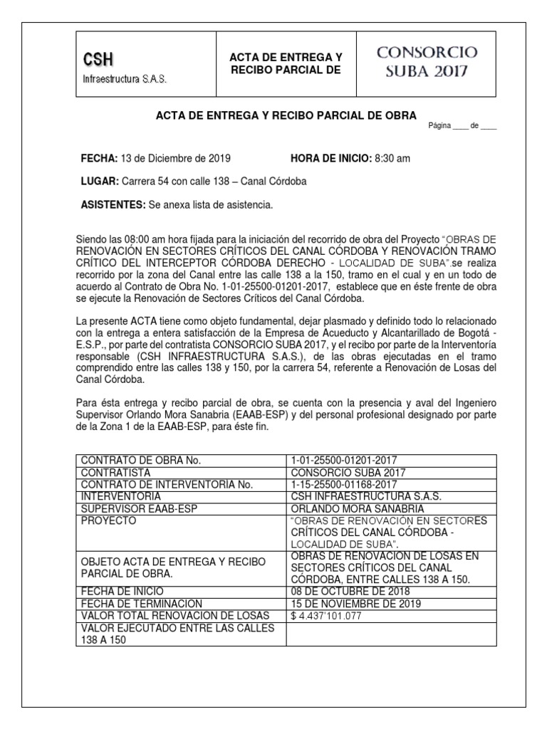 Acta de Recibo Parcial de Obra | PDF