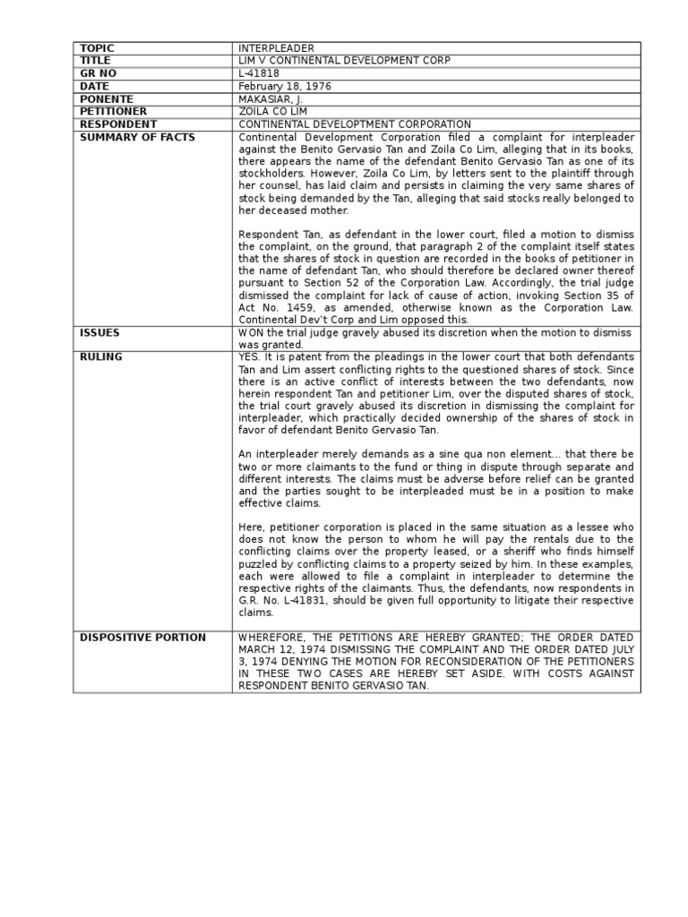 Interpleader Case: Lim vs. Continental Devt. | PDF | Complaint | Lawsuit