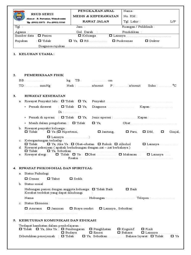 Form Pengkajian Awal Medis Dan Keperawatan Rawat Jalan | PDF | Pengembangan Diri | Kesehatan ...