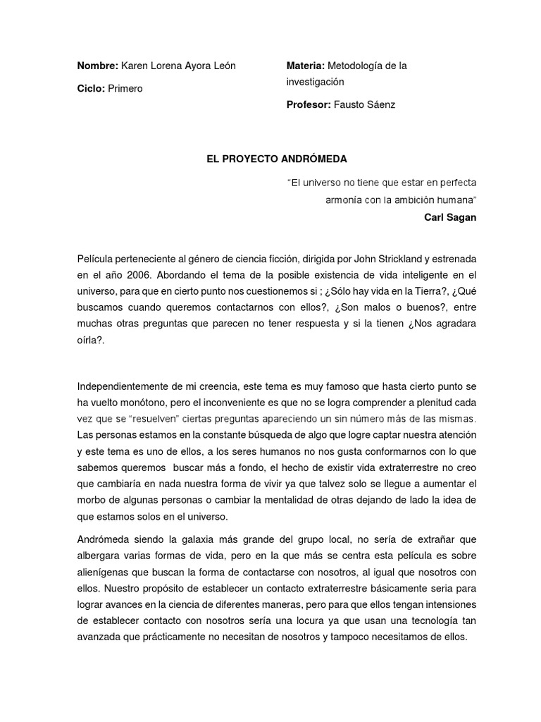 Ensayo Proyecto Andromeda | PDF | Vida extraterrestre | Universo