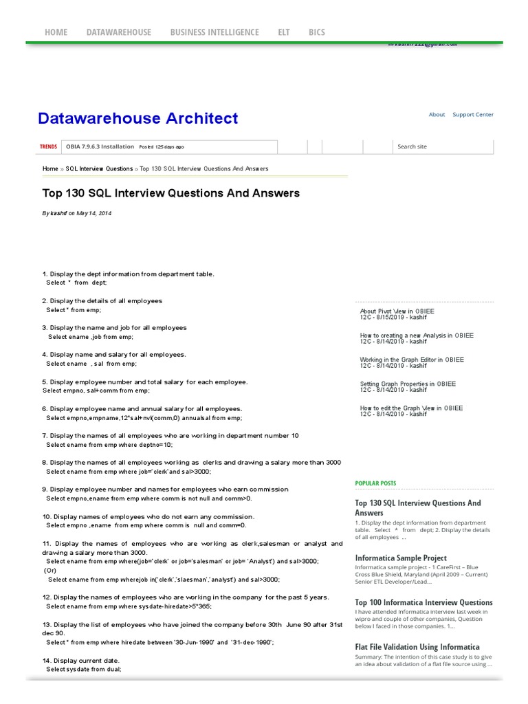 Top 130 SQL Interview Questions and Answers - Datawarehouse Architect ...