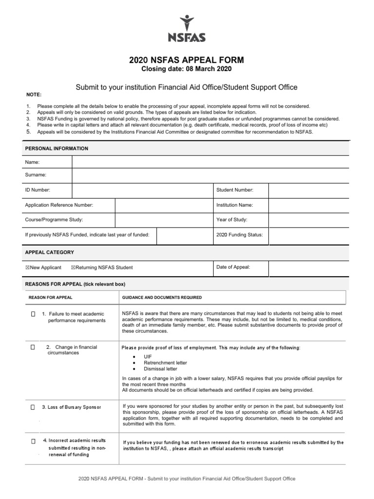 2020 NSFAS Appeal Form V1 PDF | PDF | Social Institutions | Social Science