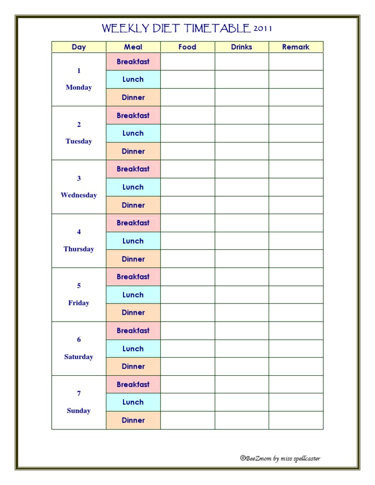 Weekly Diet Timetable 2011