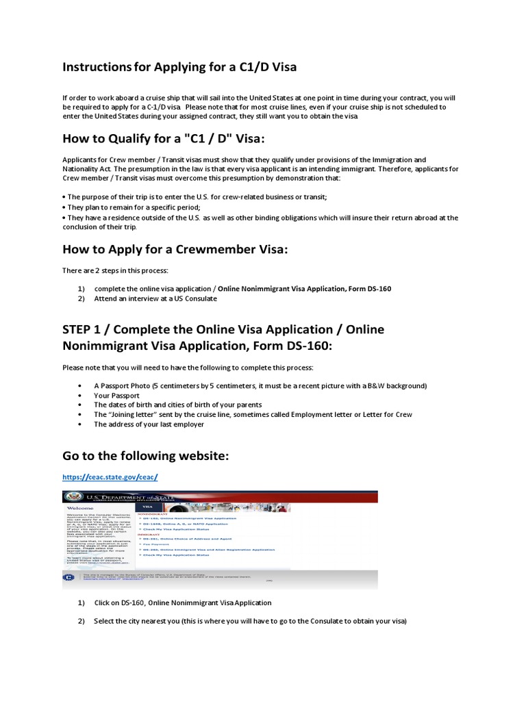 Instructions For Applying For A C1-D Visa Copie | PDF | Travel Visa ...
