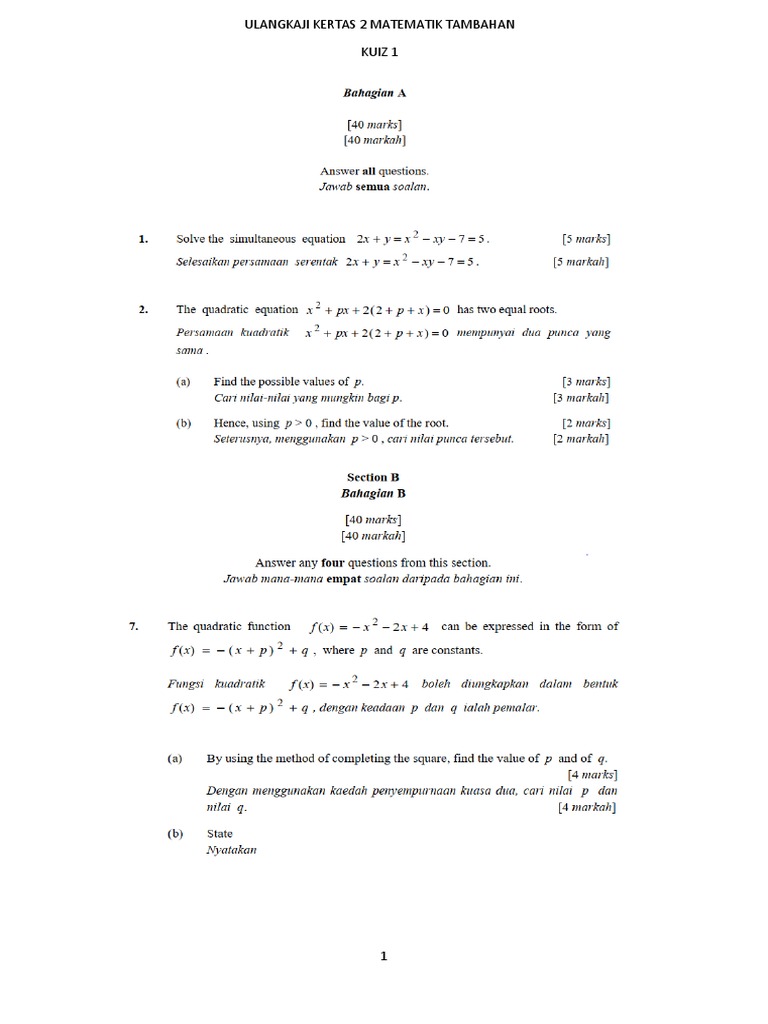 Kuiz 1 Add Math | PDF