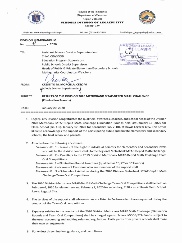 DM No. 41 S. 2020 Results of The Division 2020 Metrobank MTAP DepEd ...