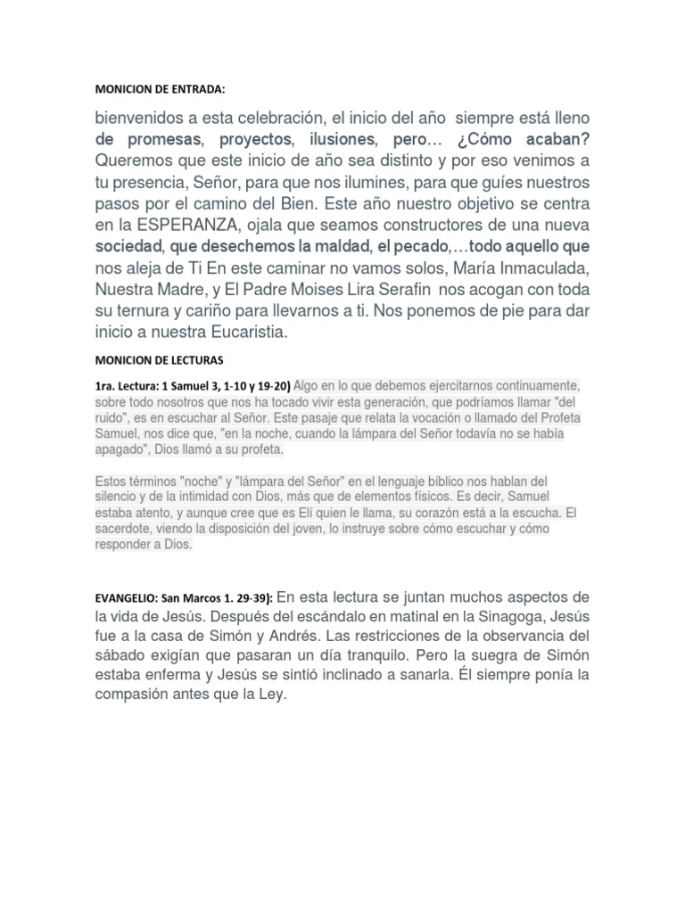 Monicion de Entrada | PDF | Misa (liturgia) | Oración