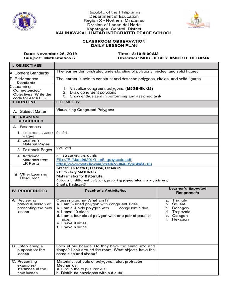 Grade 5 Lesson Plan: Circles & Polygons | PDF | Shape | Rectangle