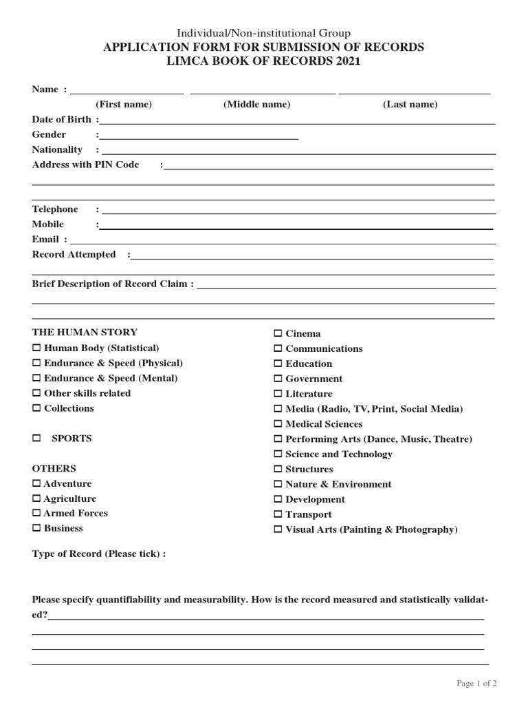 LIMCA BOOK RECORDS APPLICATION FORM | PDF | Communication