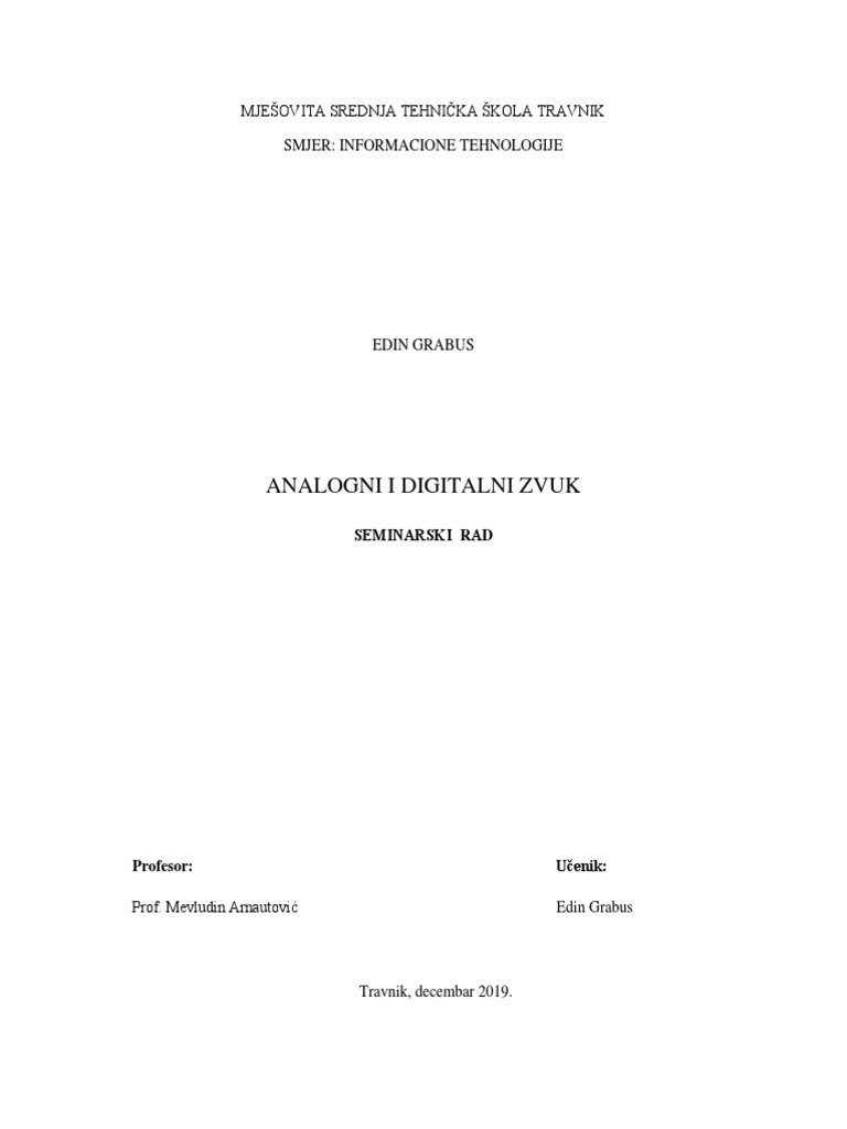 Analogni I Digitalni Zvuk - Seminarski Rad | PDF