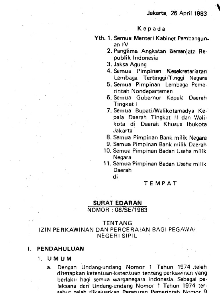 Surat Edaran Kepala Bakn Nomor 08se1983 Tentang Izin Perkawinan Dan Perceraian Bagi Pns ...