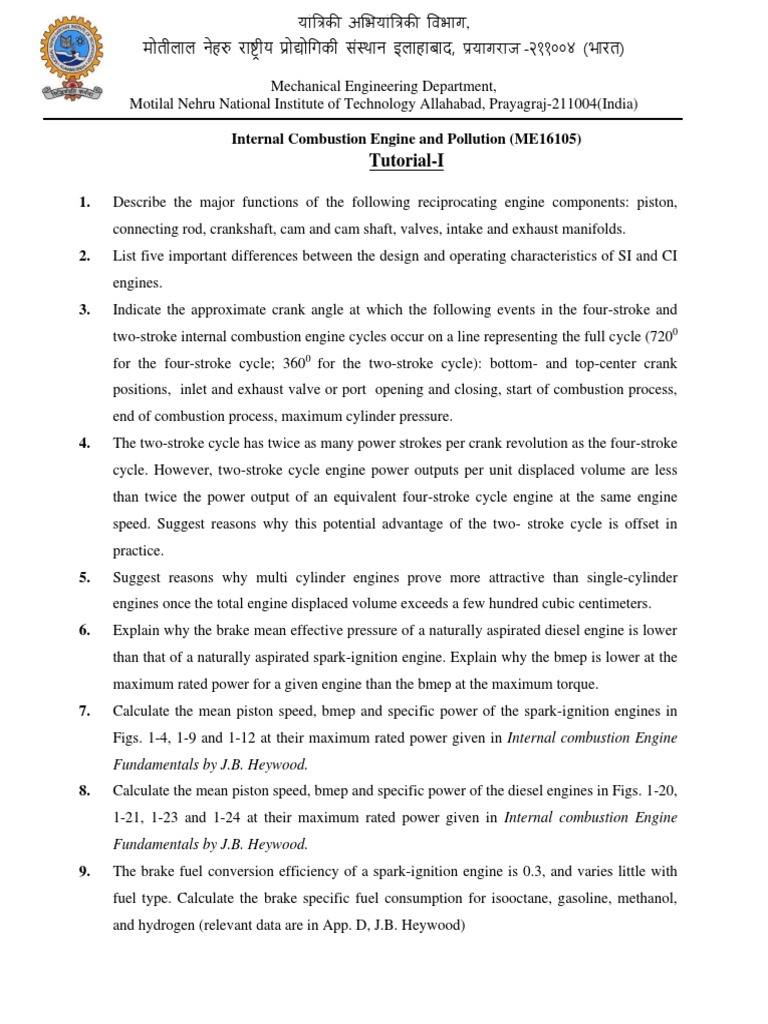 Mechanical Engineering Department tutorial on internal combustion ...