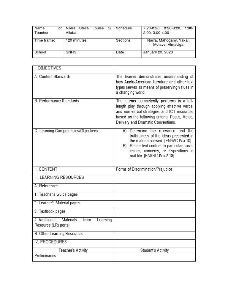 Detailed Lesson Plan On English 9 | PDF | Framing (Social Sciences ...